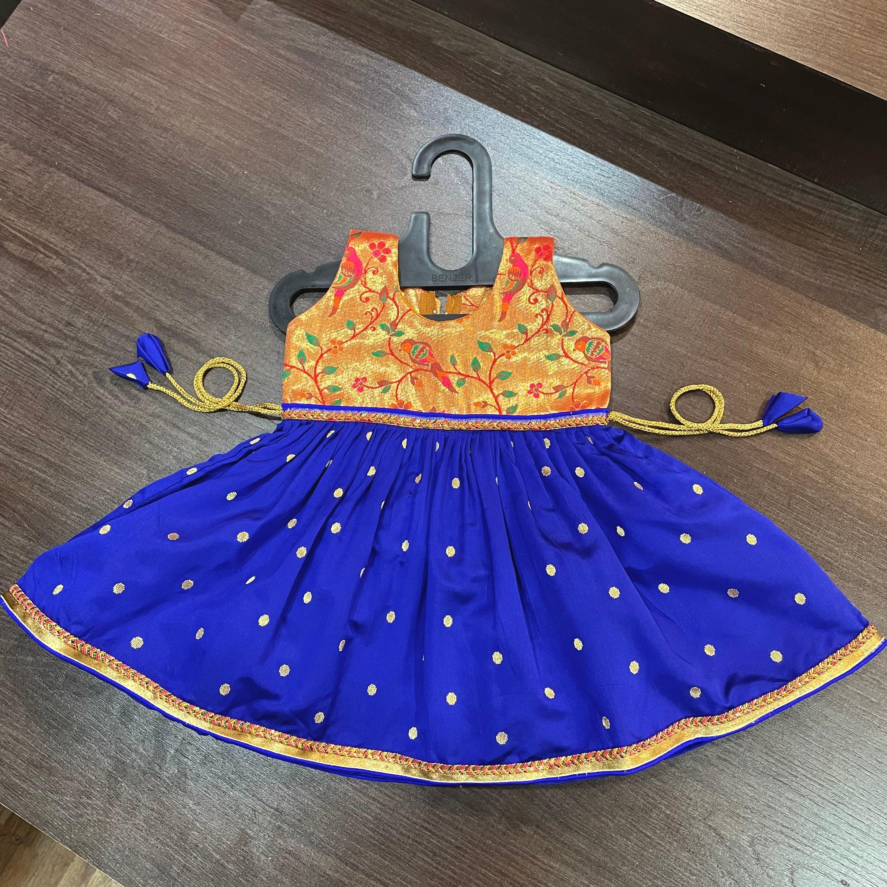 Royal Blue Golden Zari Combination Frock – MEEMORA FROCKS